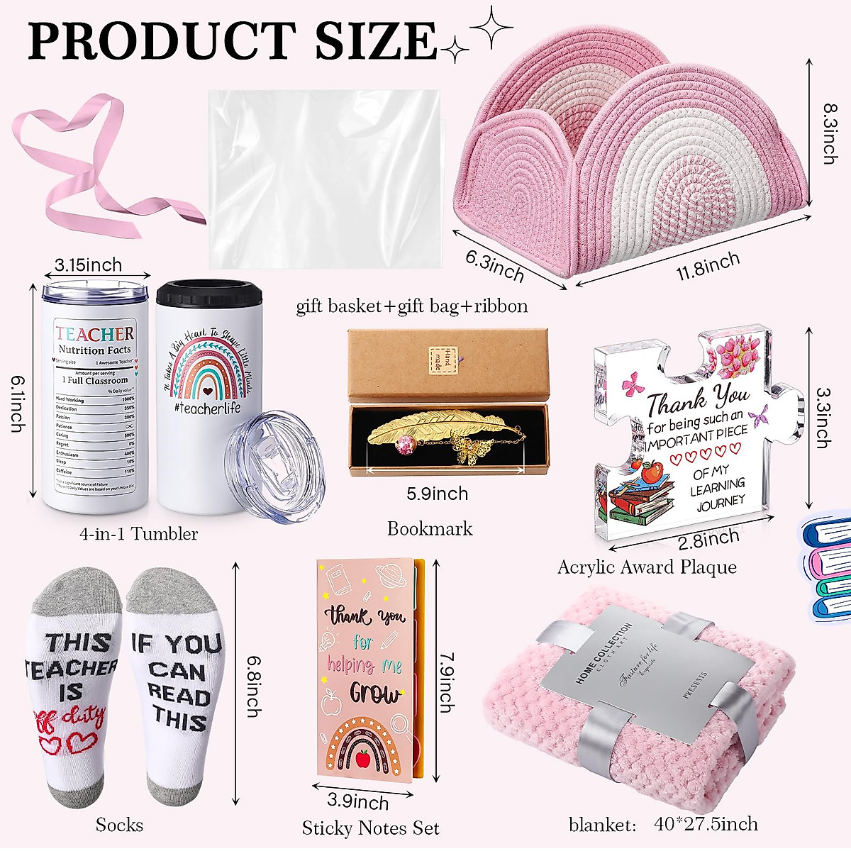 Zopeal Teacher Appreciation Gift Set 9 in 1 Teacher Birthday Favor Thank You Woven Basket Tumbler Thank You Gifts for Man Woman Valentines Mothers Day(Pink)