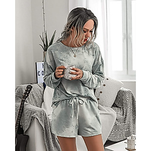 PRETTYGARDEN Women's Tie Dye Printed Pajamas Set Casual Long Sleeve Tops with Lounge Shorts Two Piece Sleepwear (Grey,Medium)