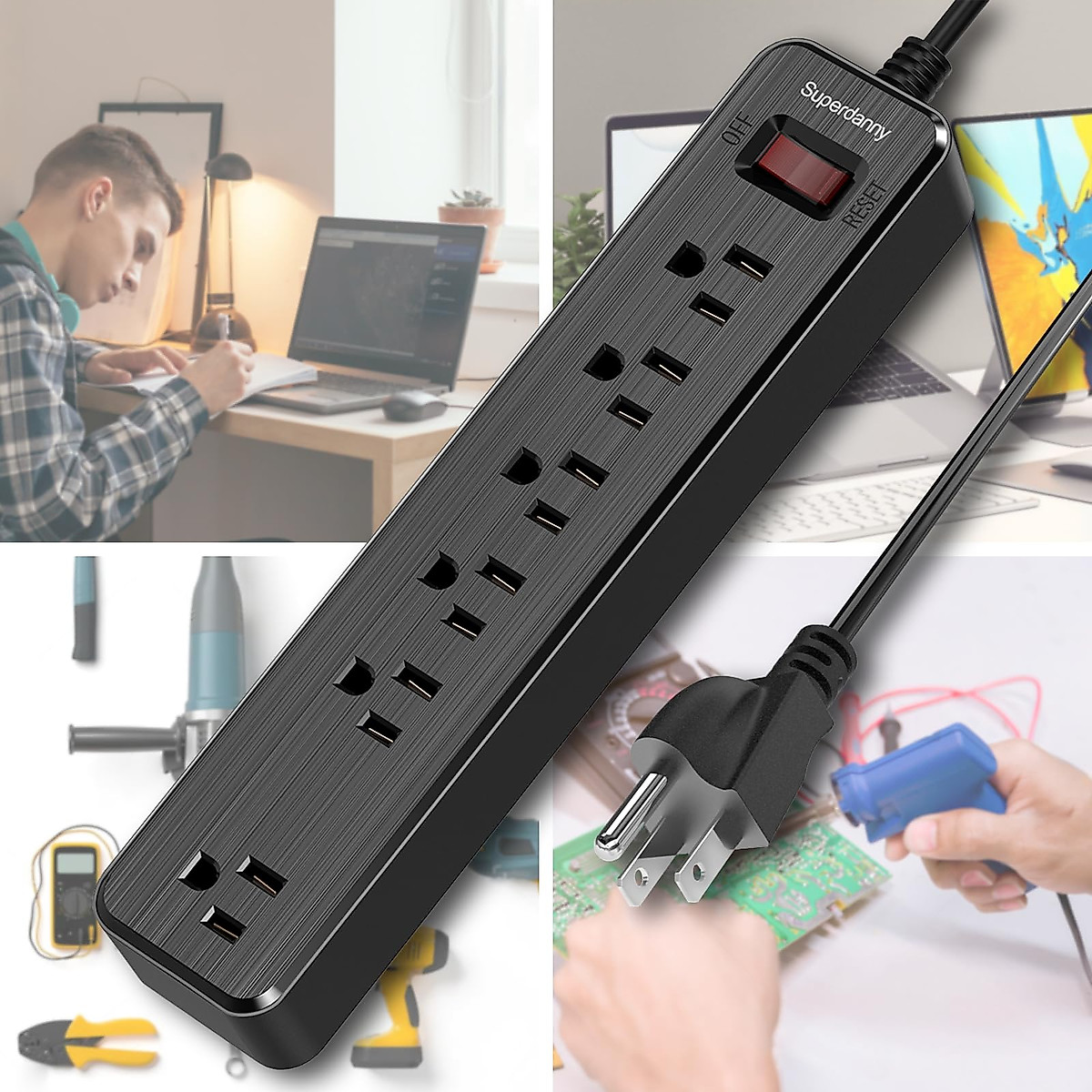 SUPERDANNY 6-Outlet Surge Protector Power Strip, 4.5 Ft Extension Cord, 900 Joules, Overload Switch, Standard Plug, Grounded, Integrated Circuit Breaker, Wall Mount, for Home, Office, Black