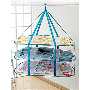 2 Tier Folded Mesh Clothes Hanging Dryer Sweater Drying Rack,Windproof Laundry Drying Rack,Foldable Hanging Mesh Dryer for Underwear Lingerie Sweater Outdoor, Indoor(blue,size:30.7x24x23.6inch)