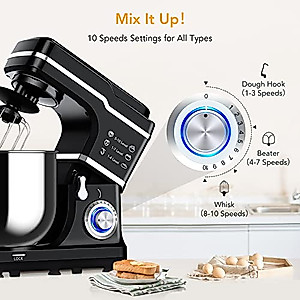 FlexWill Stand Mixer 7.5QT Dough Mixer 10 Speeds Tilt-Head Food Mixer Electric Stand Mixer with Stainless Steel Bowl, Dough Hook, Egg Whisk, Flat Beater, Splash Guard 300W Cake Mixer Black (MC1)