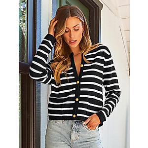 LILLUSORY Women's Striped Cardigan Sweaters Fall Outfits Clothes Fashion Trendy Long Sleeve Tops Casual Knit Lady Jackets Black White M