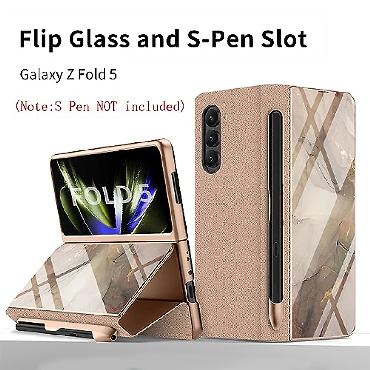 Breclar for Samsung Galaxy Z Fold 5 Case with [Fold5 Edition S-Pen Pocket] Colorful Plating Glass Crystal Hybrid Leather Built-in HD Screen Protector All-Inclusive Case for Z Fold 5 (Champagne Gold)