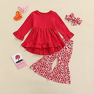 3Pcs Kids Toddler Baby Girl Valentine 's Day Outfits Red Long Sleeve Ruffle Shirt Heart Print Bell Bottom Pant Headband (Red, 90)