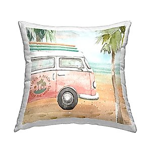 Stupell Industries Pink Bus Van Tropical Vacation Beach Scene Design by Dina June Throw Pillow, 18 x 18, Multi-Color