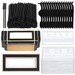 175 Pieces Lash Packaging Wholesale, Include 30 Empty Eyelashes Packaging Box, 30 False Lash Trays, 15 Eyelash Tweezers and 100 Eyelash Brush Mascara Wands Disposable (Black)