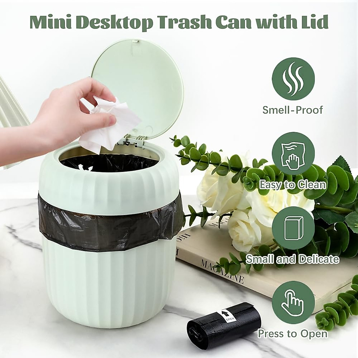 HOSTK 2 Pcs Mini Desktop Trash Can with 5 Rolls of Trash Bags, Waste Can with Press Type Lid, Tiny Countertop Garbage Bin for Bathroom Kitchen Office Home Desk Bedroom Vanity Tabletop