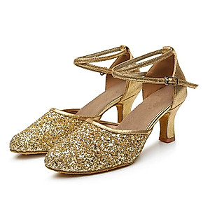iCKER Womens Latin Dance Shoes Heeled Ballroom Salsa Tango Party Sequin Dance Shoes Gold 8