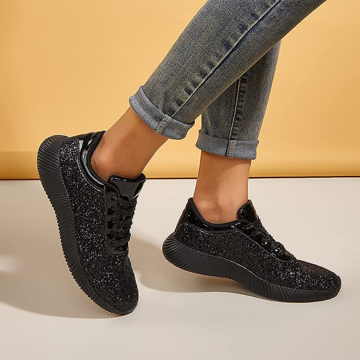 BELOS Women's Glitter Shoes Sparkly Lightweight Metallic Sequins Tennis Shoes(10B(M) US, Black)