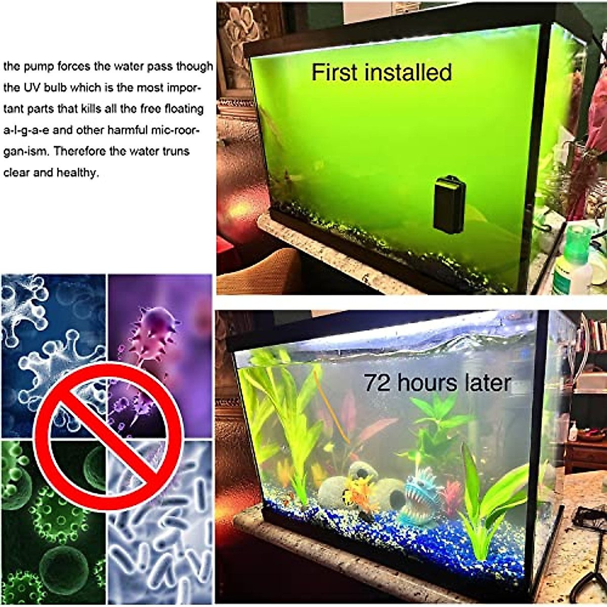 MUZIBAMA U-V Filter Green Water Killing Machine Pump for Up to 100 Gallon Aquarium Fish Tank Submersible Water Pump with Bubble Function 110V 9W 200GPH