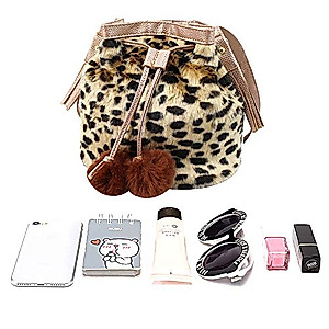 Van Caro Women’s Faux Fur Drawstring Bucket Bag Shoulder Crossbody Bag, Leopard Brown