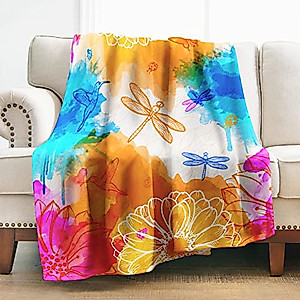 Levens Dragonfly Blanket Gifts for Mom Women Girls, Colorful Hummingbird Flower Decoration for Home Bedroom Living Room Lounge, Soft Adorable Smooth Lightweight Throw Blankets 50"x60"