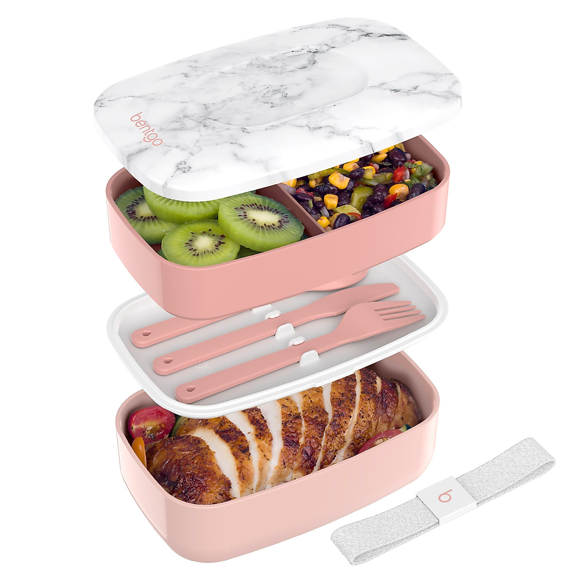 Bentgo Classic - All-in-One Stackable Bento Lunch Box Container - Modern Bento-Style Design Includes 2 Stackable Containers, Built-in Plastic Utensil Set, and Nylon Sealing Strap (Blush Marble)