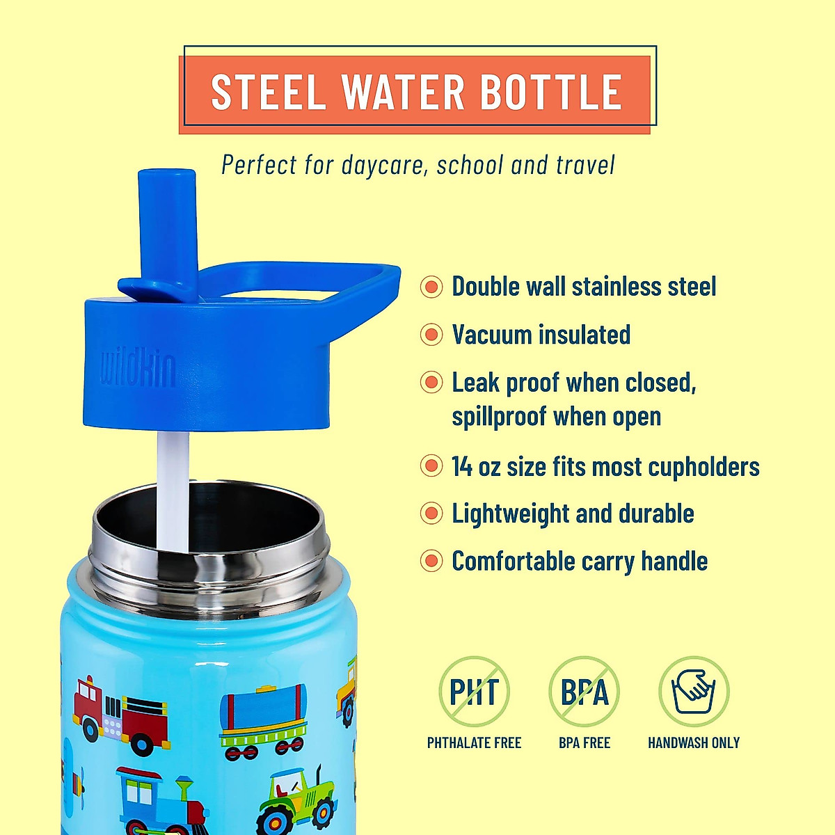 Wildkin 12 Inch Backpack and Lunch Bag Bundle with 14 Ounce Steel Water Bottle (Trains, Planes & Trucks)