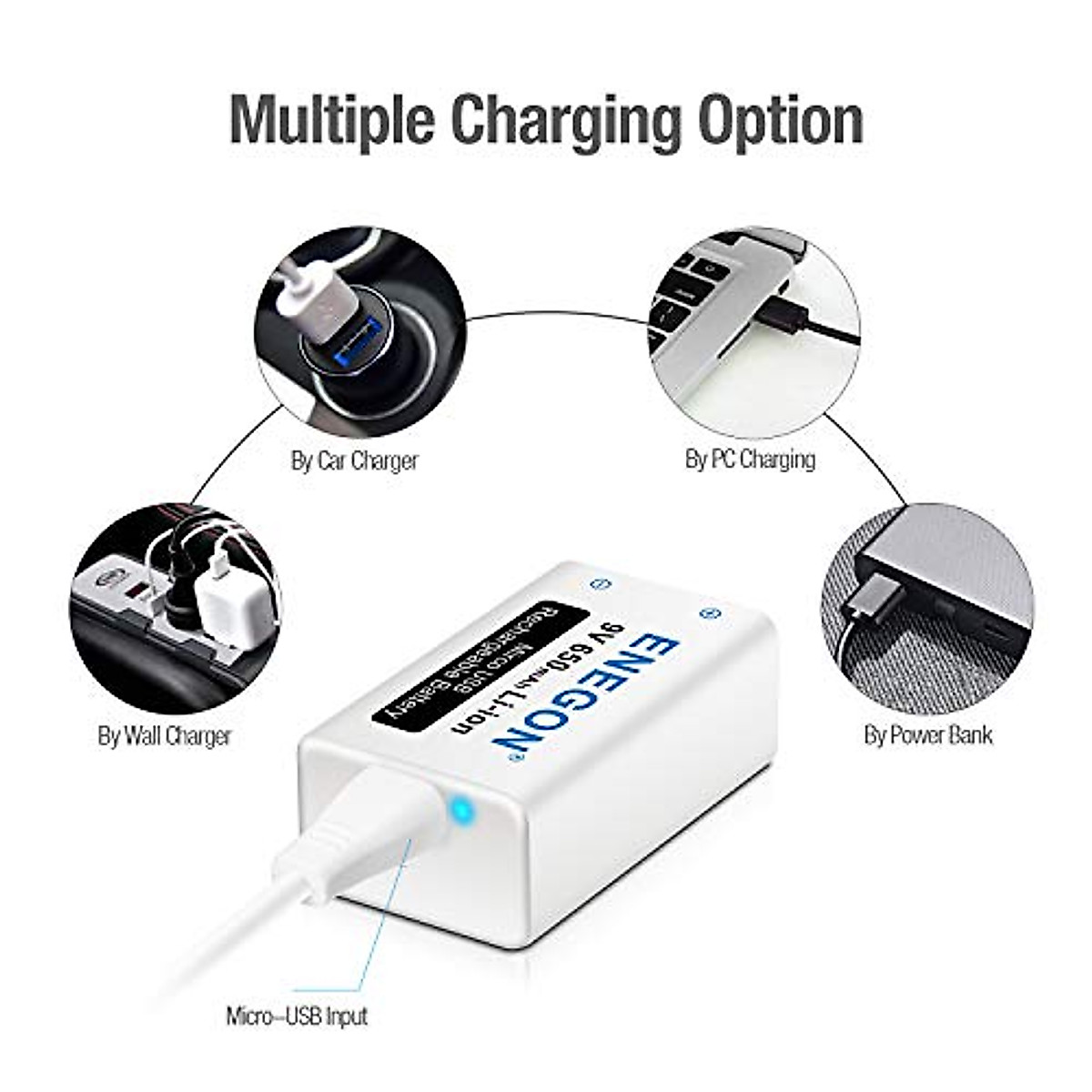 ENEGON 9V Direct USB Rechargeable Lithium-ion 650mAh Batteries with 2 in 1 Micro USB Cable for Wireless Microphone, Smoke Alarms, Electronic Toys, Walkie-Talkie and More Devices (4 Pack)