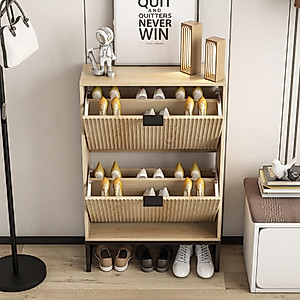 Lisicues Shoe Cabinet Storage for Entryway, Modern Slim Shoe Organizer, Tipping Shoe Cabinet with 2 Flip Drawers Fluted Panel, Narrow Shoe Rack for Living Room (Wood)