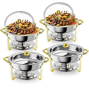 Halamine Chafing Dish Buffet Set, Round Chafers and Buffet Warmers Sets 4 Pack, 5Qt Stainless Steel Chafing Dishes for Buffet with Glass Lid, Food Warming Tray for Party, Dinners and Catering