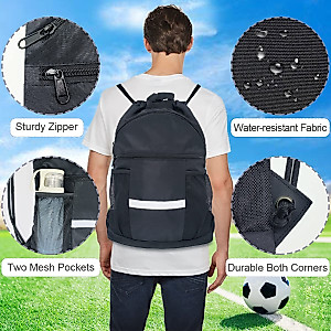 CALACH Drawstring Backpack Sports Gym Bag with Shoe Compartment, X-Large String Bag for Women Men with Zipper Pockets and Mesh Pockets (Black)