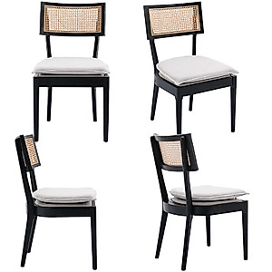 ZHENGHAO Rattan Dining Chairs Set of 2, French Country Cane Back Kitchen Chairs Upholstered Retro Comfy Chairs with Wood Legs for Dining Room, Black
