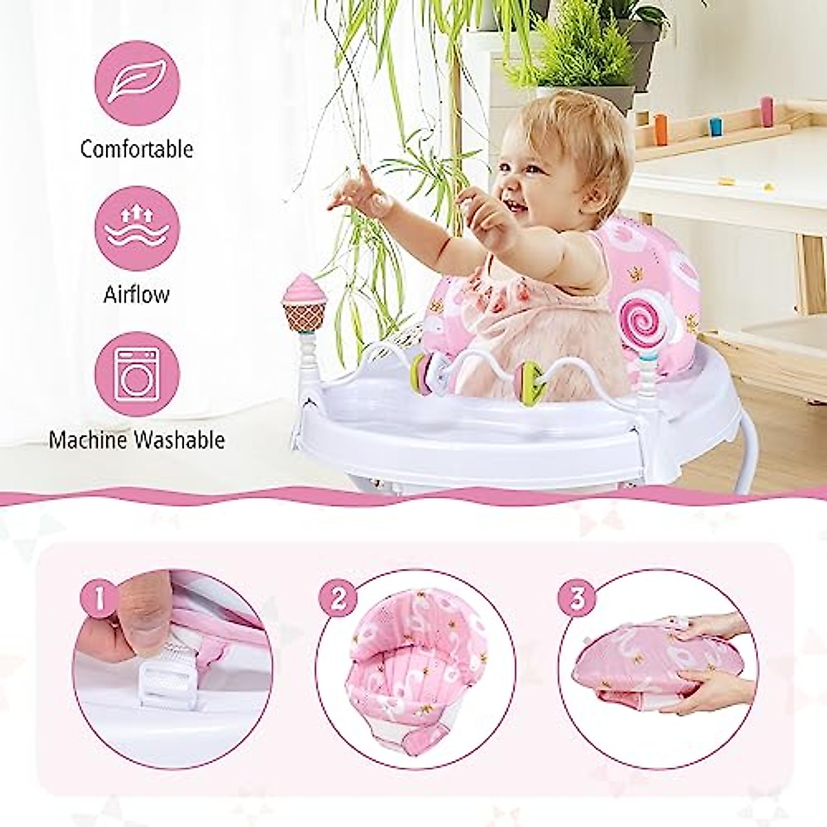 HONEY JOY Baby Walker, Foldable Toddler Walker with Toys, Learning-Seated or Walk-Behind for Boys and Girls, Adjustable Height, High Back Padded Seat, Infant Activity Walker with Wheels (Pink)