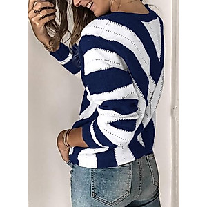 PRETTYGARDEN Women's Fashion Long Sleeve Striped Color Block Knitted Sweater Crew Neck Loose Pullover Jumper Tops (Striped Blue,Large)