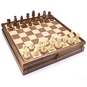 AMEROUS 15" x 15" Wooden Chess & Checkers Set with Built-in Storage Drawers/Weighted Chess Pieces / 2 Bonus Extra Queens / 24 Cherkers Pieces/Classic 2in1 Board Games for Kids, Adults