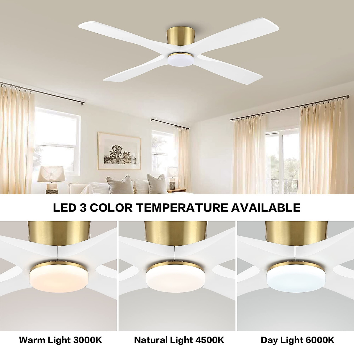 WINGBO 60 Inch Flush Mount DC Ceiling Fan with Lights and Remote, 4 Reversible Carved Wood Blades, 6-Speed Noiseless DC Motor, Hugger Ceiling Fan in Brass Finish with White Blades, ETL Listed