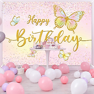Dandat 7 x 5 ft Butterfly Happy Birthday Backdrop Pink Theme Gold Butterfly Birthday Party Decorations Polyester Spring Banner Baby Girls Princess Photography Background for Bday Photo Shoot Prop