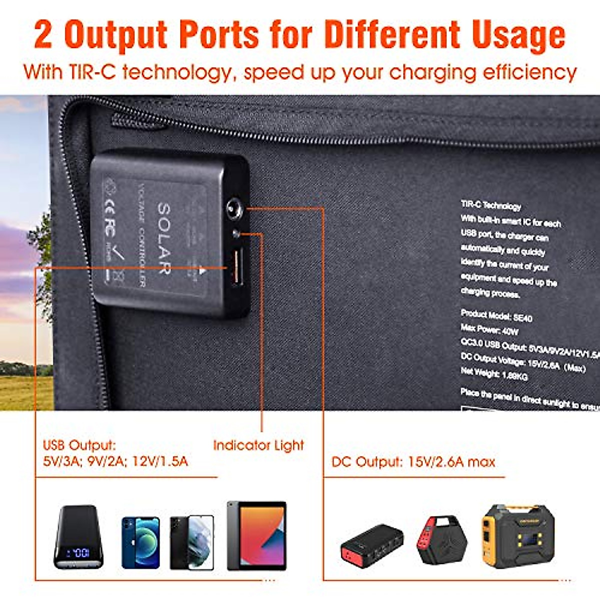 40W Foldable Solar Panel with USB QC 3.0, 12-15V DC Output, Portable Solar Charger with Fast Charge Technology for Power Bank, iPhone, iPad, Samsung and Outdoor Camping