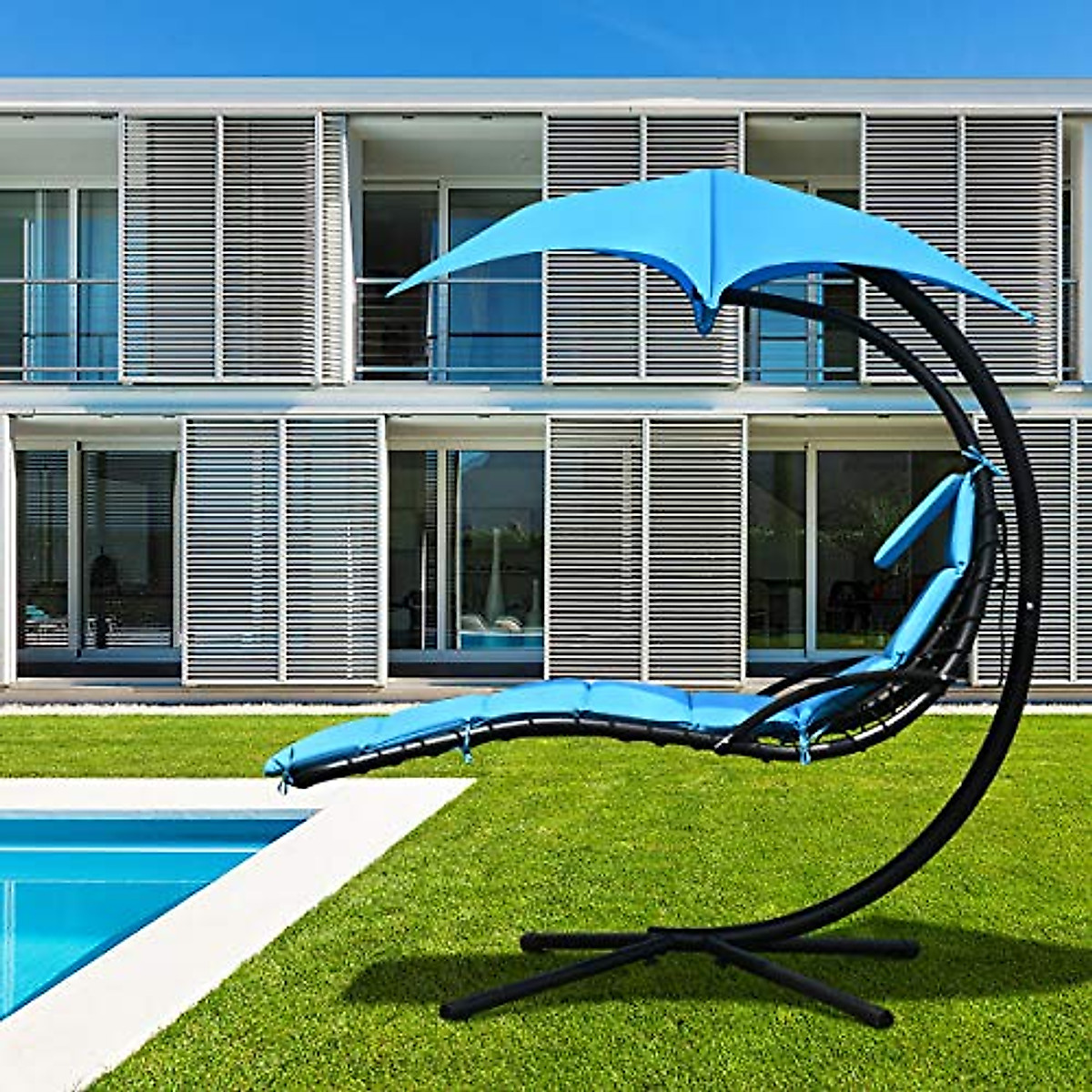 Giantex Hanging Chaise Lounger Chair, Arc Stand Porch Swing Chair, Outdoor Swing with Canopy, Cushion Built-in Pillow, Outdoor Hanging Curved Chaise for Patio Poolside Backyard Garden (Blue)