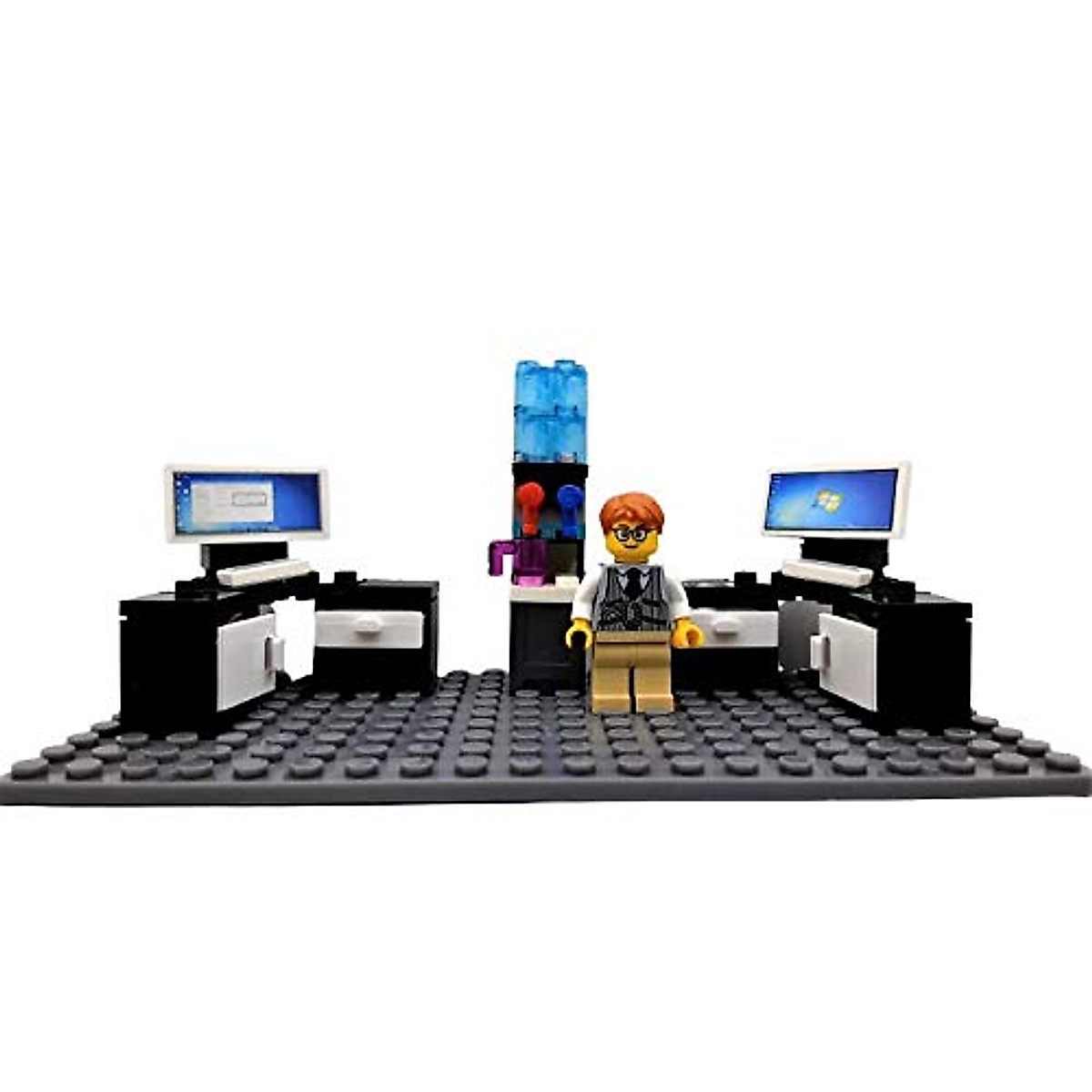 CUSTOM TOYS & HOBBIES INC Building Bricks Businessman Lawyer Full Office Setup 2 L Desks Keyboards Computers Water Cooler & Minifigure Miniature AFOL Holiday Birthday Gift for Kids