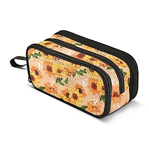 Sletend Pencil Case Big Capacity Vintage Sunflower Floral Handheld 3 Compartments Pencil Pouch Portable Large Storage Canvas Pencil Bag for Boys Girls Adults Students
