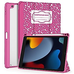 OKP for iPad 9th/8th/7th Generation Case (2021/2020/2019), iPad 10.2 inch Cases with Trifold Stand, Slim ipad 9/8/7 Cover with Pencil Holder for Kids Women Men, Clear Back Shell, Composition Book Pink