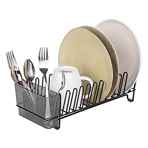mDesign Compact Modern Metal Dish Drying Rack and Microfiber Mat Set for Kitchen Countertop, Sink - Drain and Dry Wine Glasses, Bowls and Dishes - Removable Cutlery Tray - Set of 2 - Black/Smoke Gray