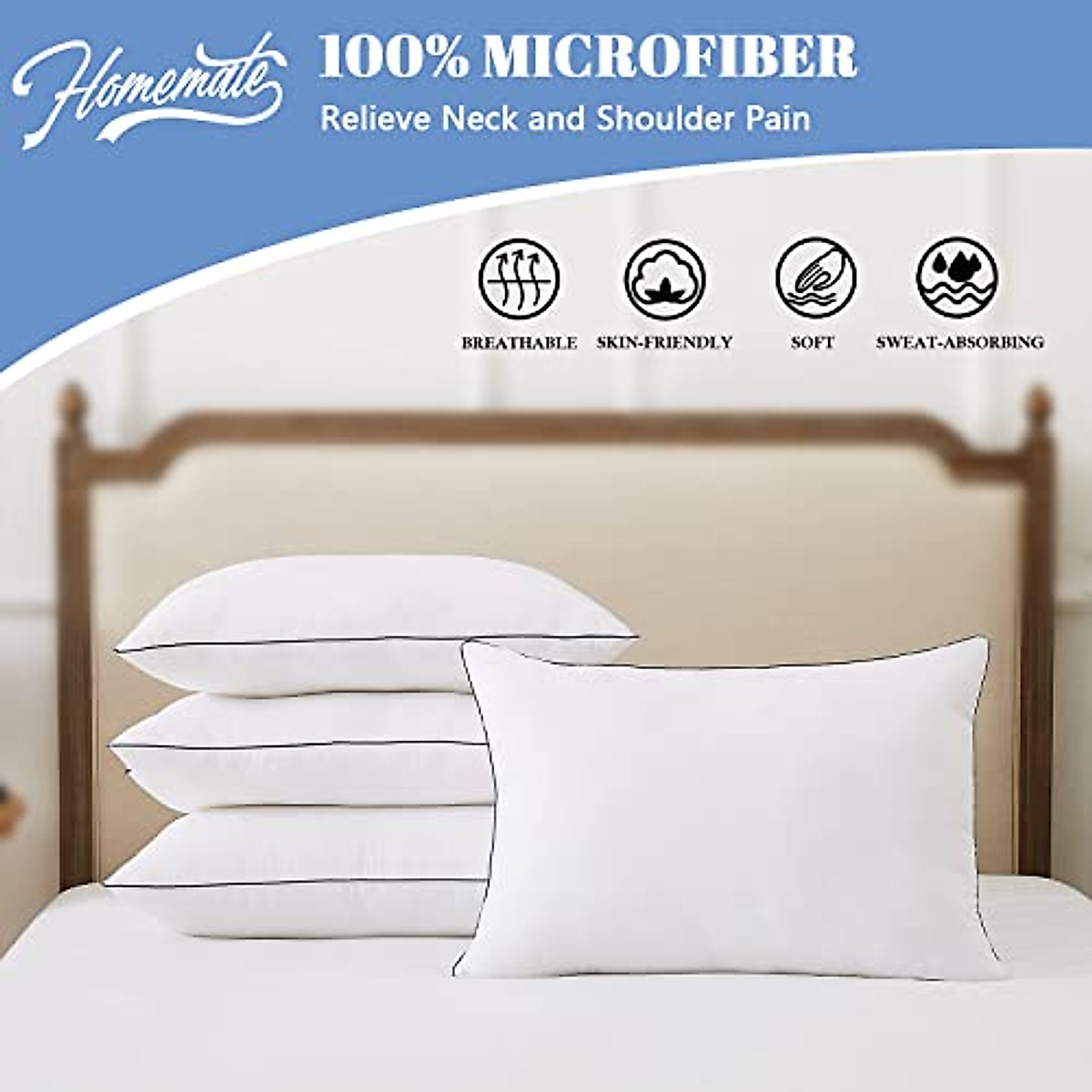 Homemate Bed Pillows for Sleeping - Standard Size(20"x26") Set of 4 Pillows Allergy Friendly Microfiber Shell Fluffy Down Alternative Filling Breathable Pillow Suitable Back Stomach or Side Sleepers