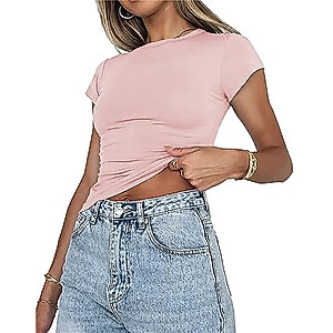 PRIMODA Women's Short Sleeve Slim Fitted Tee Shirt Top Basic Casual Crew Neck Workout Crop Top (Pink L)
