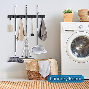 JAMEND CLXP Broom Hanger and Mop Holder, Heavy Duty Garden Tool Organizer Rack Rake and Shovel Handle, Stainless Steel Wall Mounted Utility Rack with Screws (3 Racks with 4 Hooks, Matte Black).