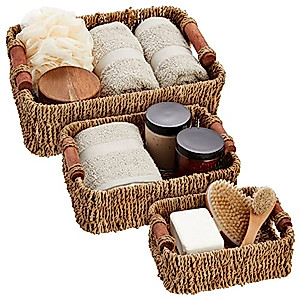 Set of 3 Small Wicker Baskets for Storage, Woven Nesting Bins with Handles for Bathroom Towels and Toilet Paper Organization, Closet, Shelf, Kitchen (3 Assorted Sizes)