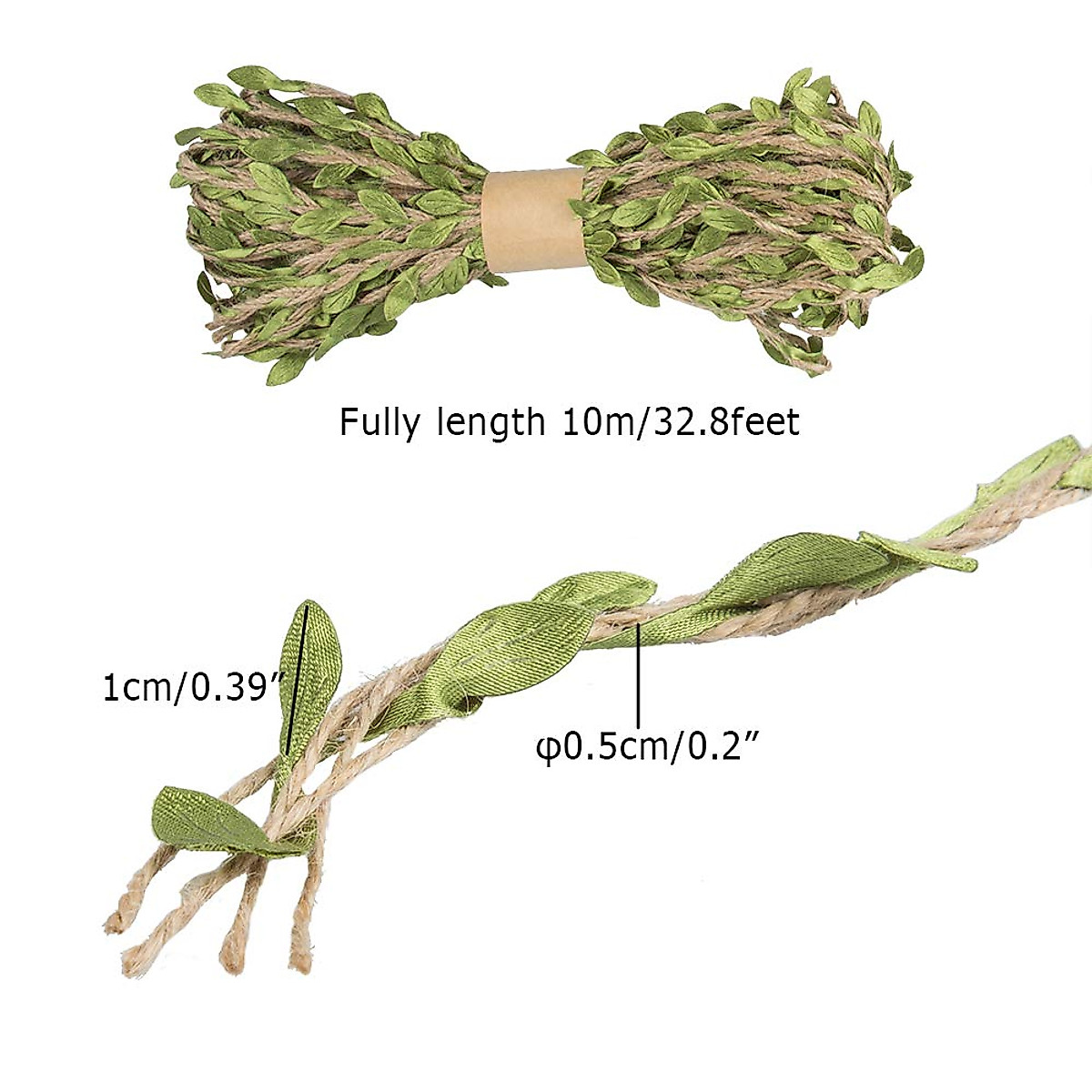 YuCool 98 Feet 5MM Burlap Leaf Ribbon, Natural Wall Hanging Jute Vine Twine with Artificial Green Leaves for Rustic Wedding,Home,Garden,Jungle Party Decorations and DIY Crafts Decor(3 Rolls)