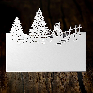 Christmas Table Place Cards, Name Cards, Christmas Place Cards, 50 Pack Buffet Food Tent Labels, Double Design Name Cards, Scored for Easy Folding, Christmas Party Decorations (Christmas Tree Snowman)