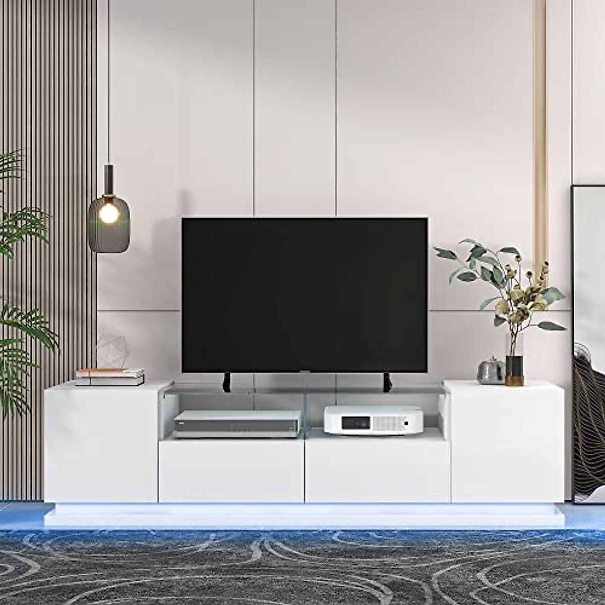 Harper & Bright Designs TV Stand with Tempered Glass, Modern High Gloss Entertainment Center for TVs Up to 70¡±, TV Cabinet with Storage and LED Color Changing Lights for Living Room, White