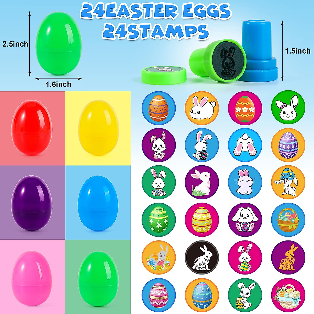24PCS Easter Eggs + Stampers Egg Fillers, Basket Stuffers Plastic Surprise Perfect Hunt Party Favors Classroom Prize Supplies for Kids Boys Girls