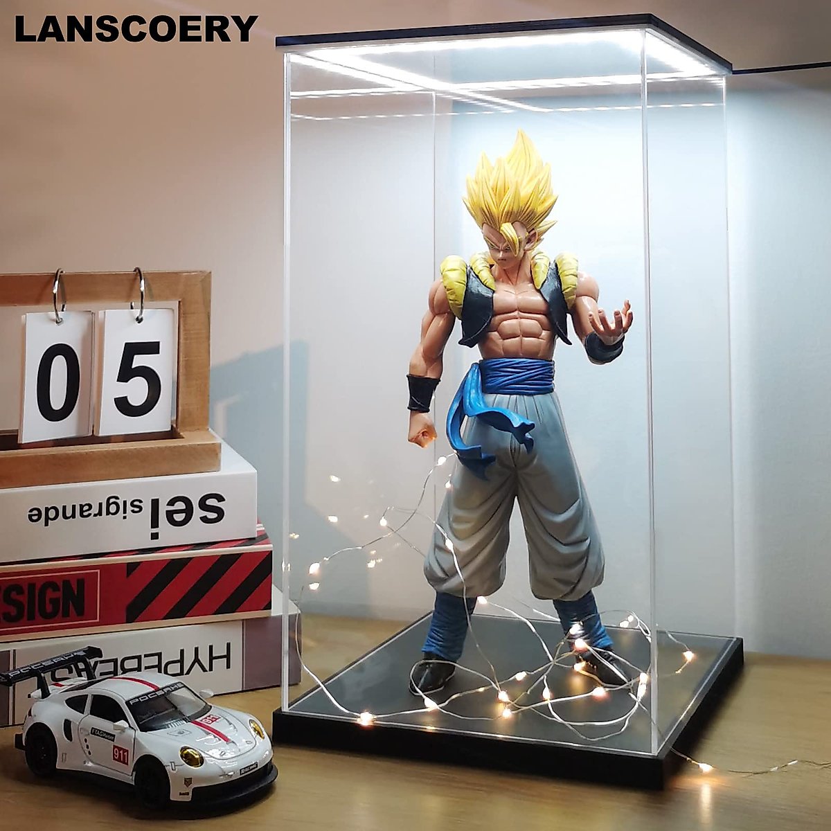 LANSCOERY Clear Acrylic Display Case with LED Light, Showcase and Display Box, Dustproof with UV Protection, Perfect for Figures Collectibles - 7.1x5.5x7.9inch
