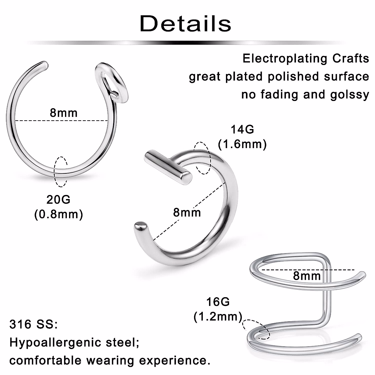 Ftovosyo Fake Lip Rings T Shaped Stainless Steel Gothic Clip on Non Piercing Nose Ring Double Cartilage Helix Earrings Ear Cuff for Women Men Silver-Tone Rose Gold
