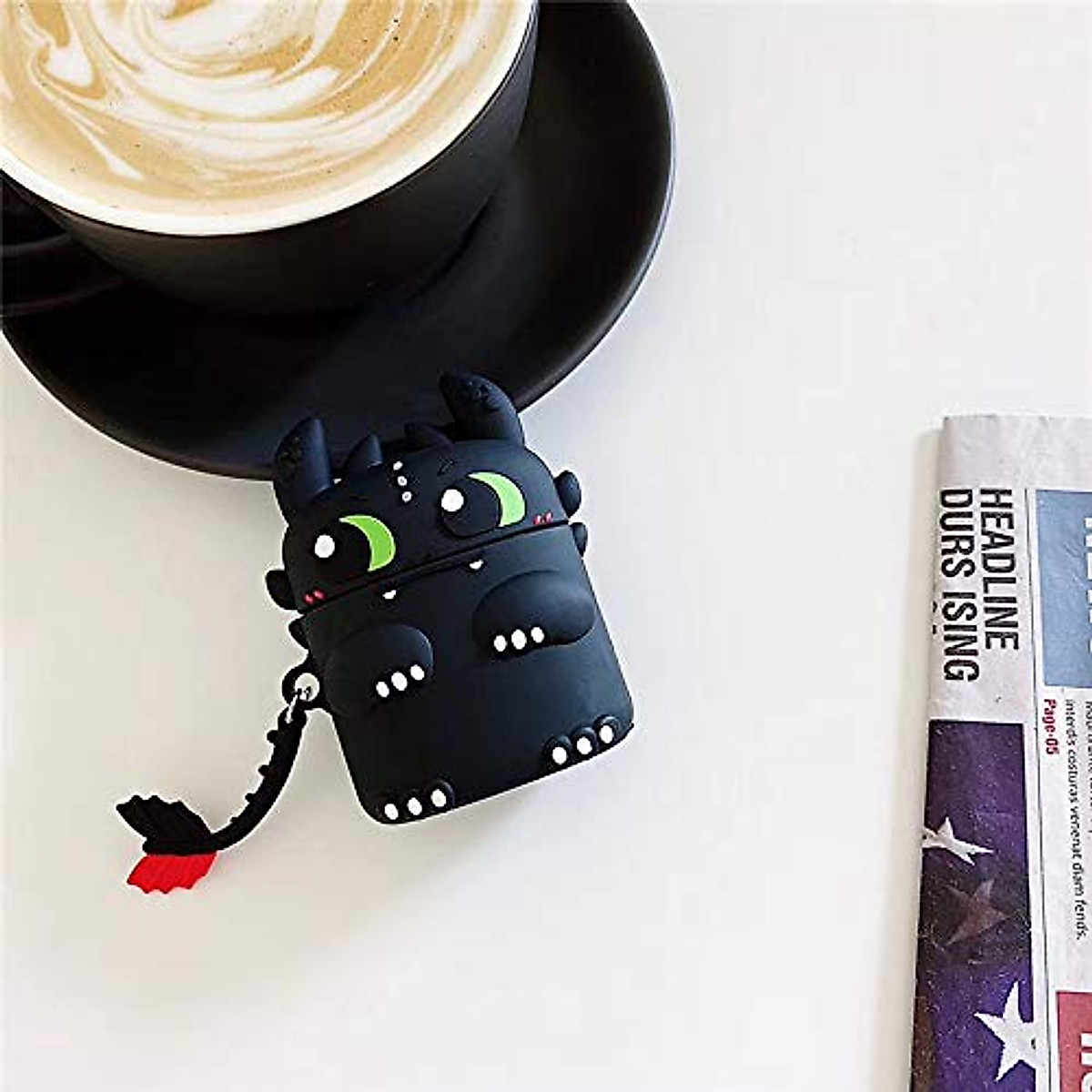 ZOSTLAND Cute Earphone AirPods Case, Long Tail Sitting Dragon Thick Soft Portable Silicone Protective Shockproof Skin Cover Box Compatible with Apple AirPods 2&1 Charging Station Case (Dragon Black)