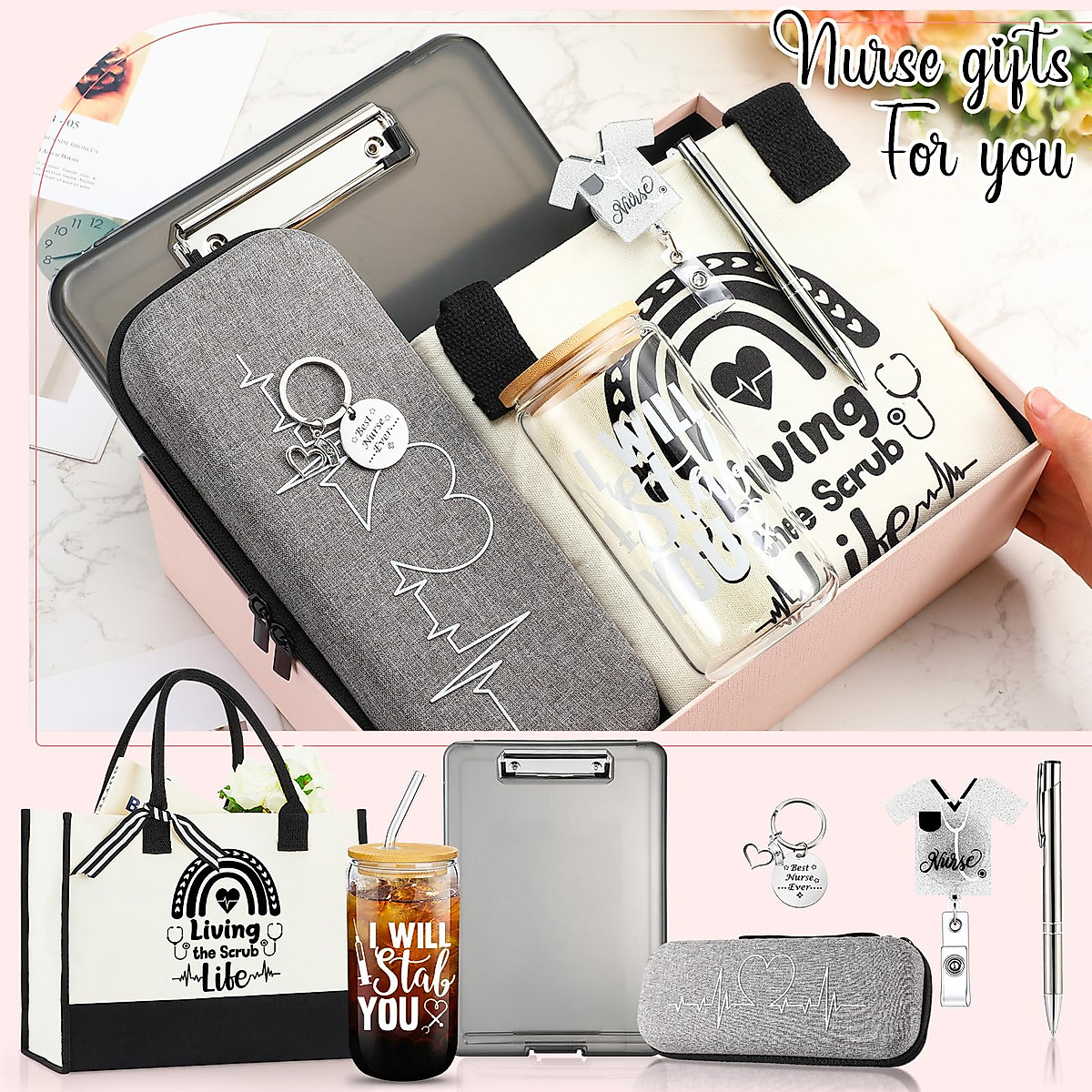 Teenyyou 7 Pcs Nurse Gift for Women Nursing Graduation Gift Set Include Nurse Tote Bag Stethoscope Case Nursing Ballpoint Pen Badge Reel Clipboard Glass Coffee Cup Keychain(Gray,Vintage Style)