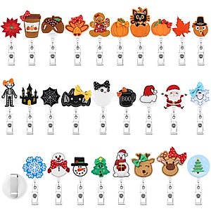 Barydat 27 Pcs Halloween Fall Badge Reel Retractable Felt Badge Reels Thanksgiving Christmas Acrylic Badge Holder Ghost Bat Pumpkin ID Name Holder with Clip for Nurse Doctor Teacher Gifts