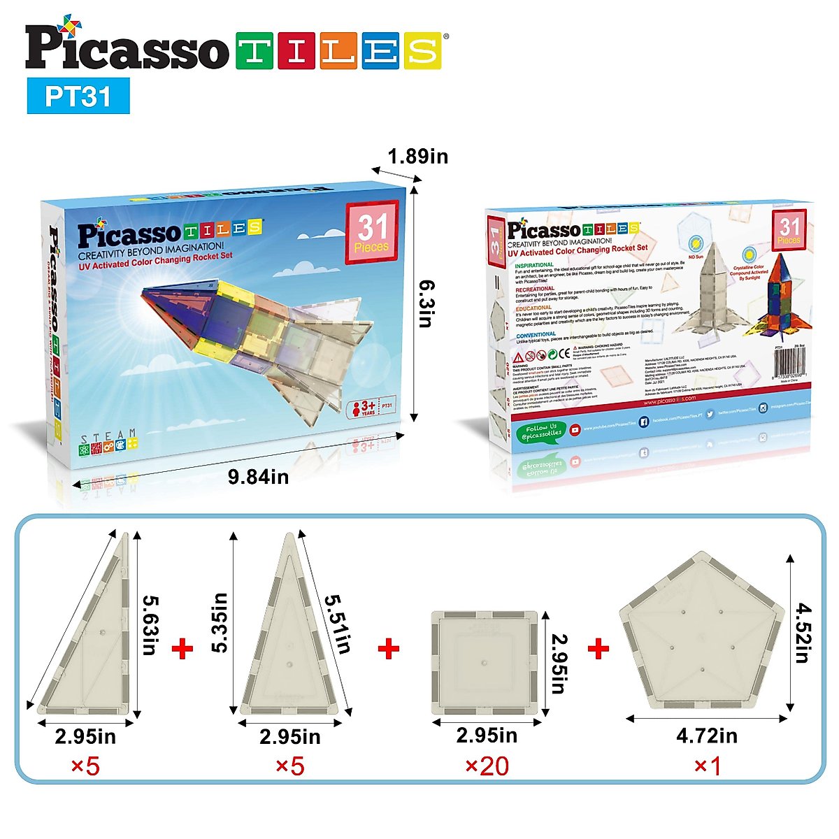 PicassoTiles UV Activated Color Changing Rocket Set Magnet Construction Toy Kit Engineering STEM Learning Playset Child Brain Development Stacking Blocks Playboard for All Ages 3 and Up PT31