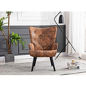 Dolonm Rustic Accent Chair Vintage Wingback Chair Microfiber Cushioned Mid Century Tall Back Desk Chair with Arms Solid Wood Legs for Reading Living Room Bedroom Waiting Room (Brown)