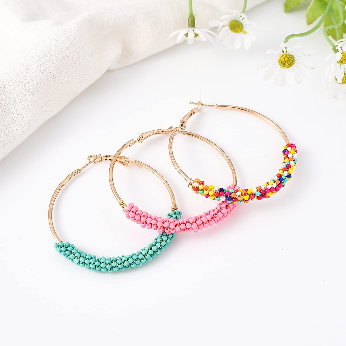 Jinxiuge 6 Pair Beaded Hoop Earrings Boho Flower Round Earrings Women's Handmade Earrings Set